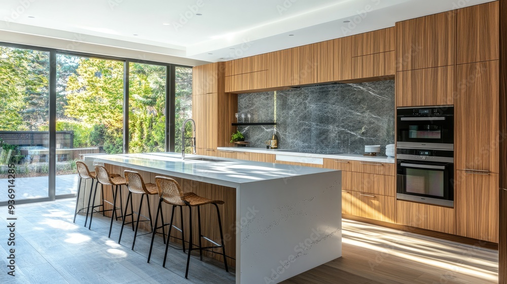 High-end modern kitchen featuring wooden cabinets, a pristine white ...