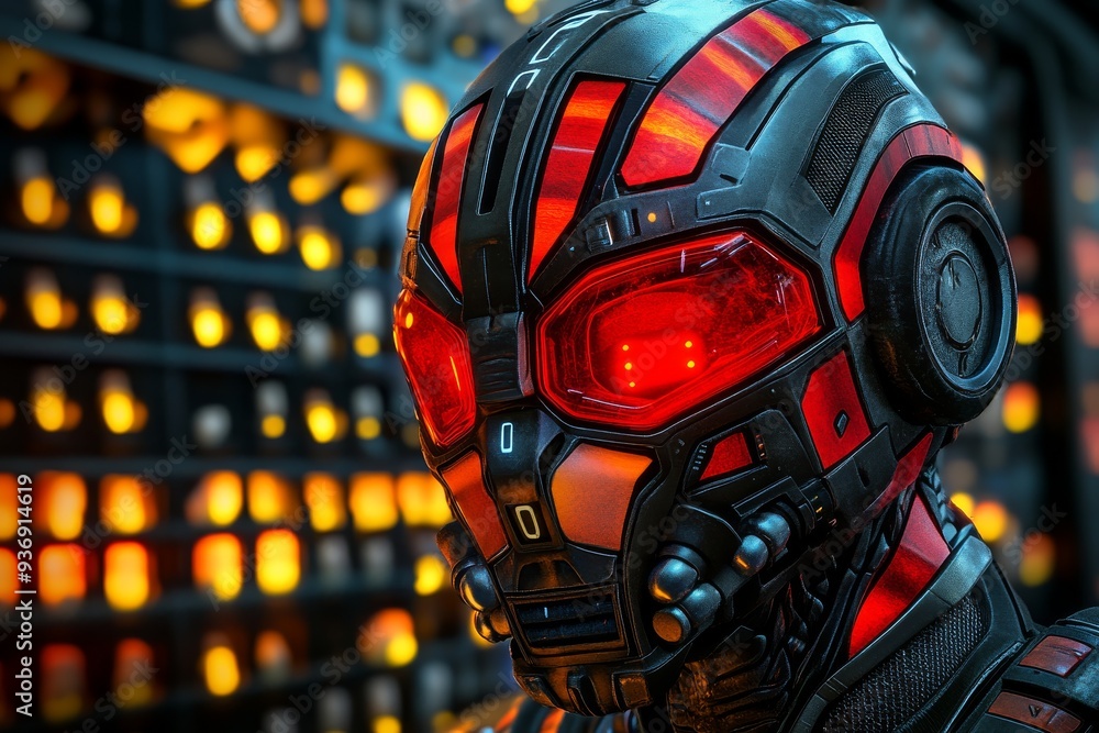 Advanced robot with red eyes and a complex design representing the ...