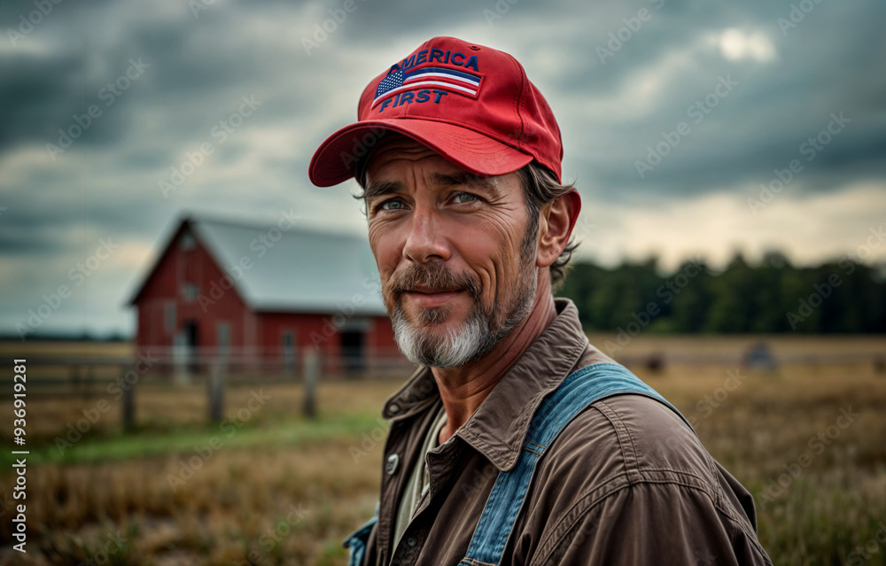 America First: Farmer with red cap with the american flag standing in ...