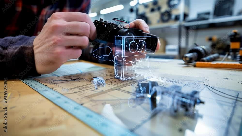 Engineer uses an augmented reality camera to view 3d models on a ...