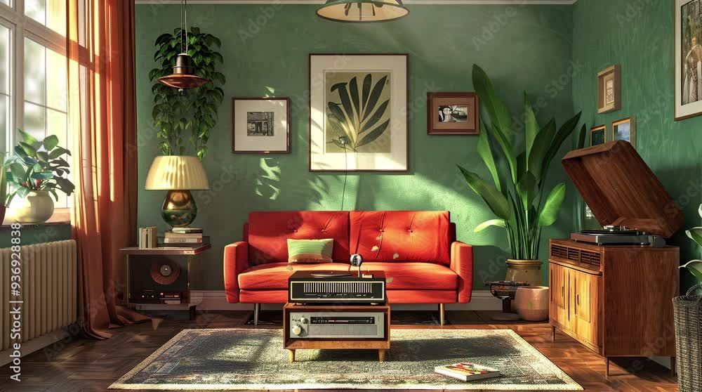 A cozy room with a sofa bathed in rays of sunlight streaming through ...