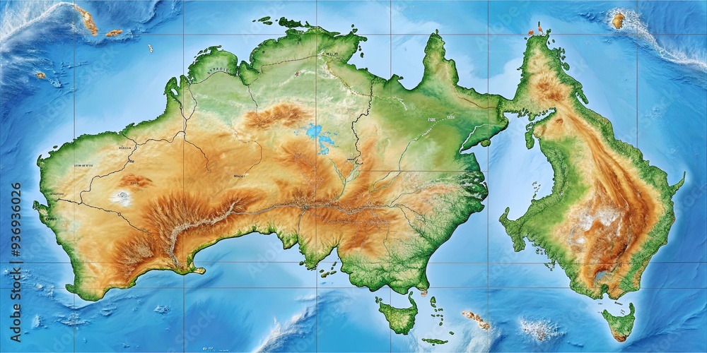 Highly detailed map of Australia with physical features such as ...