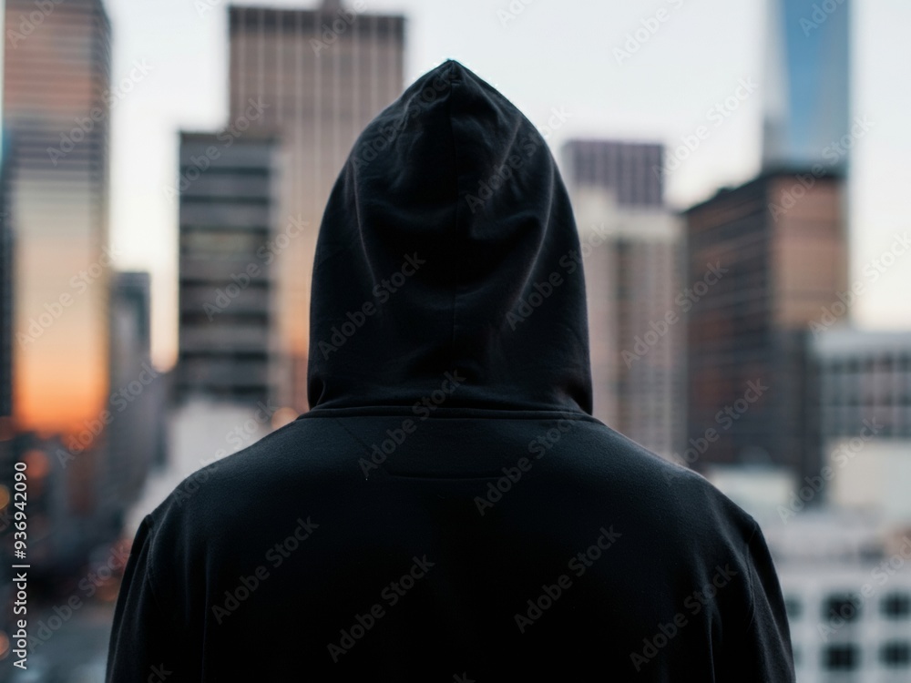 Delinquent wearing a hoodie facing a sprawling city in broad daylight ...