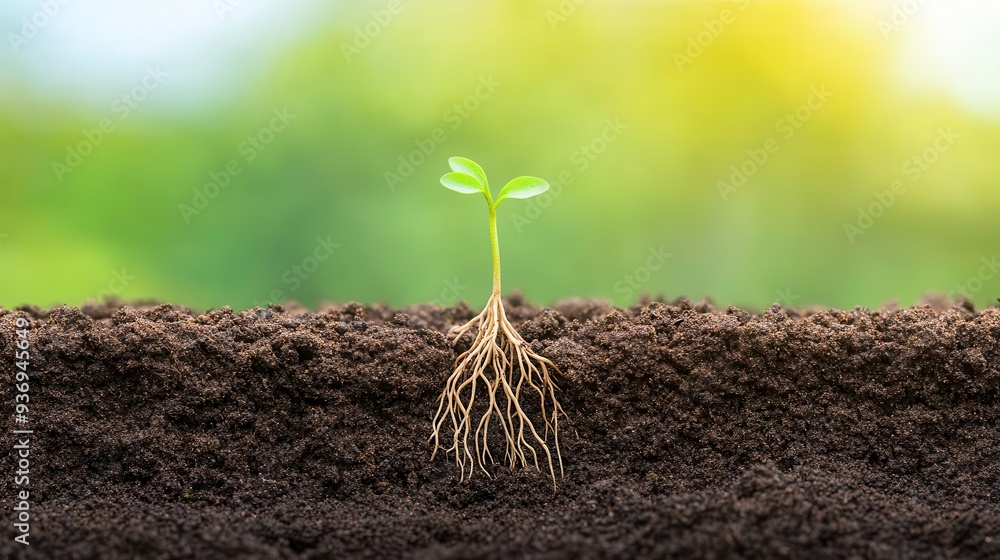 Tiny seed sprouting roots under the soil, cross-sectional view, vibrant ...