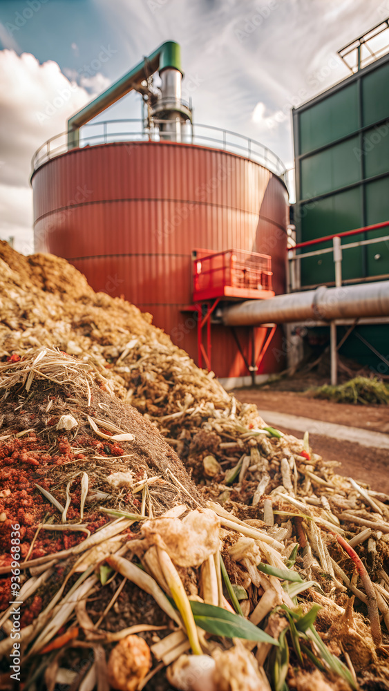 Bioenergy plant transforms organic waste into biogas to generate renewable energy. Concept ...