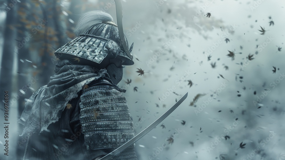 Render a 3D samurai in a foggy forest, with mist swirling around him ...