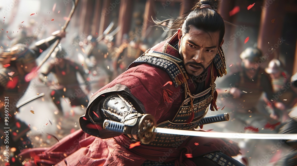 Render a 3D samurai in an epic battle scene, surrounded by fallen ...