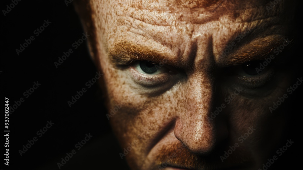 A gritty portrait of a rugged redhaired Irish man with a stern ...