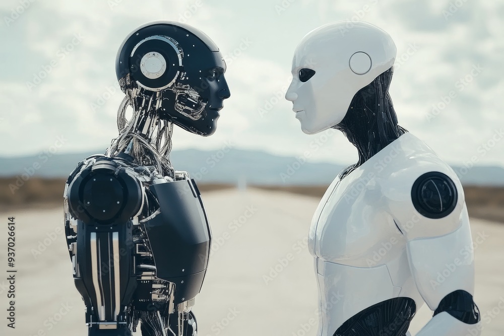 Two futuristic robots confronting each other in a barren landscape symbolizing a tense standoff ...