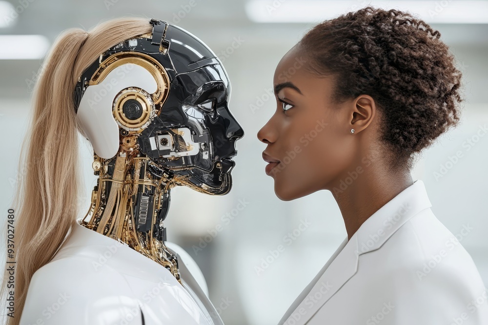 Human and android in an intense face off representing the blending of ...
