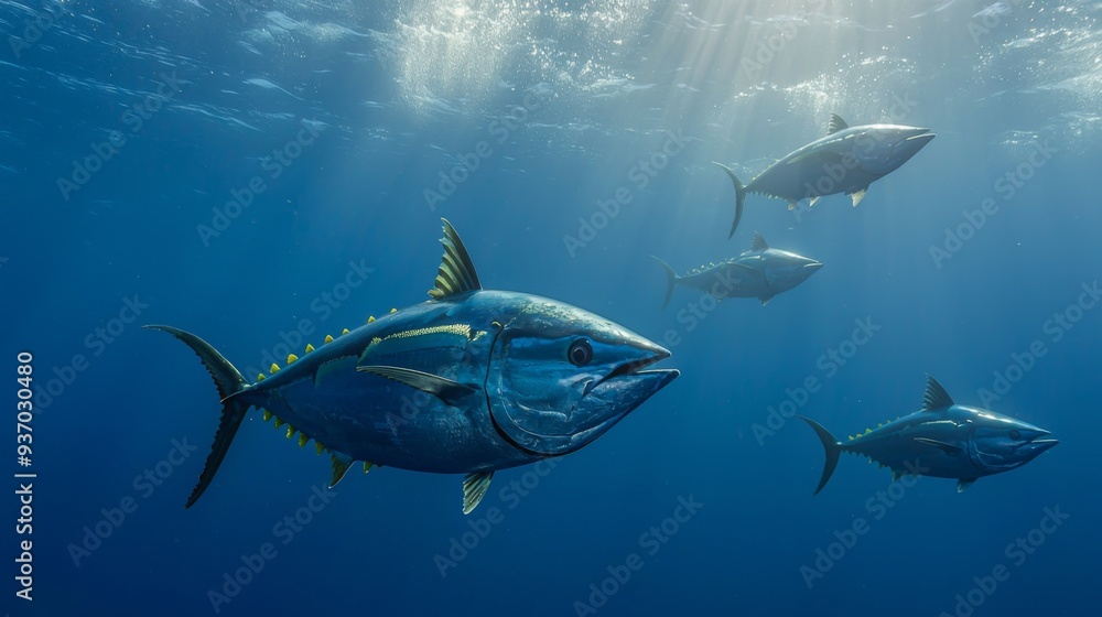 breathtaking view of a group of tuna swimming in the open ocean ...