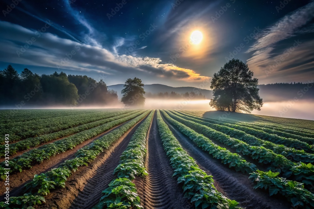 Hauntingly beautiful nighttime scene of a potato field under a full ...