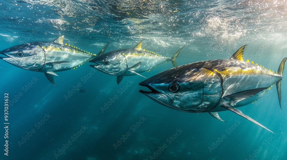 breathtaking view of a group of tuna swimming in the open ocean ...
