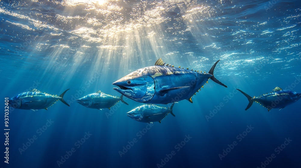 breathtaking view of a group of tuna swimming in the open ocean ...