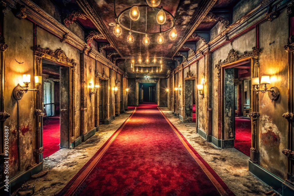 hauntingly beautiful old theater backstage hallway worn red carpet ...
