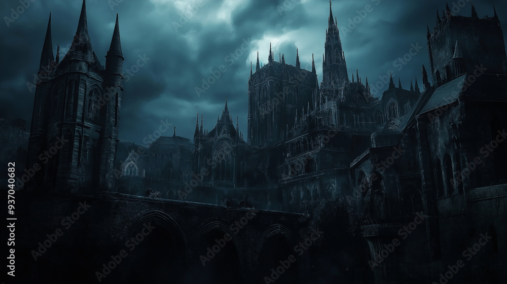 Dark Moody Background with Detailed Gothic Architecture Tall Spires and ...