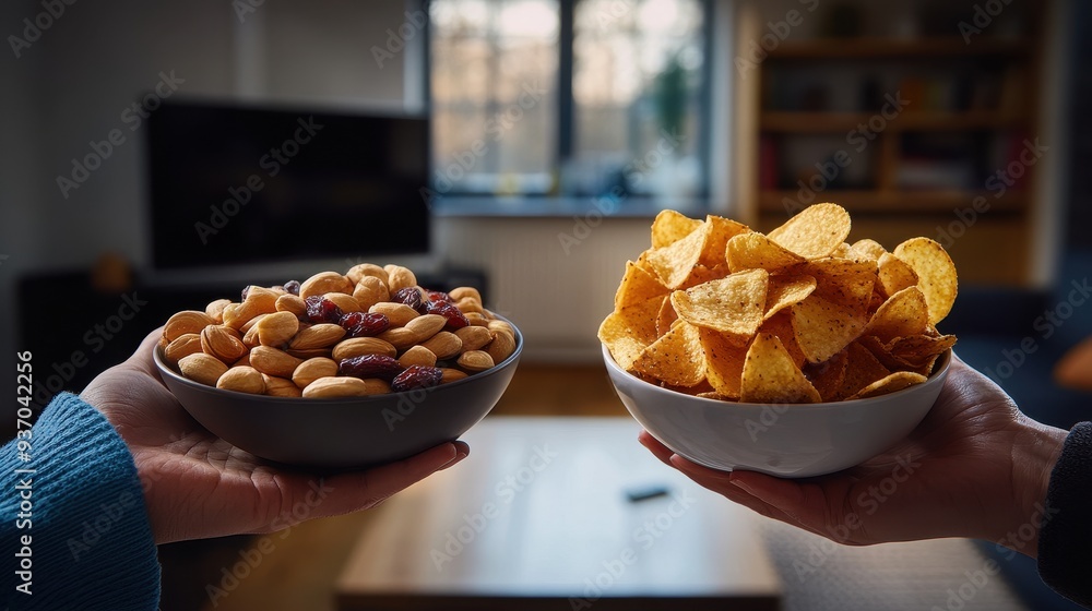 Hands Holding Bowls of Snacks - Chips, Nuts, and Raisins - Movie Night ...