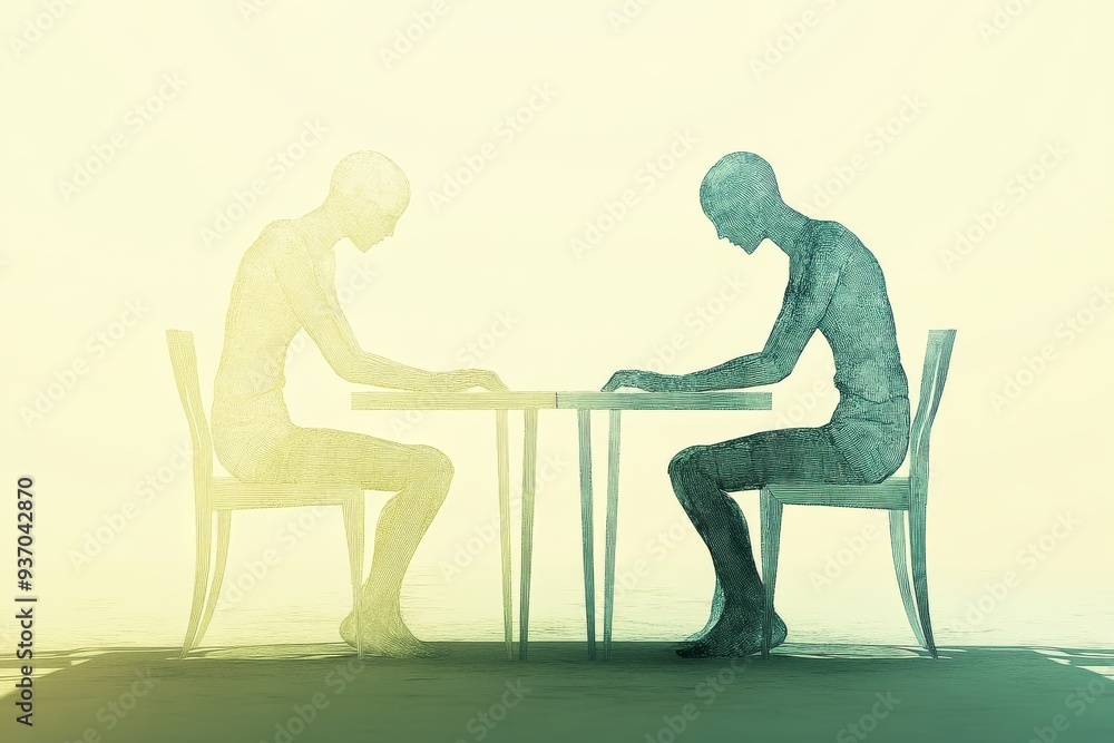 Two human figures sit across from each other depicted in a greenish ...