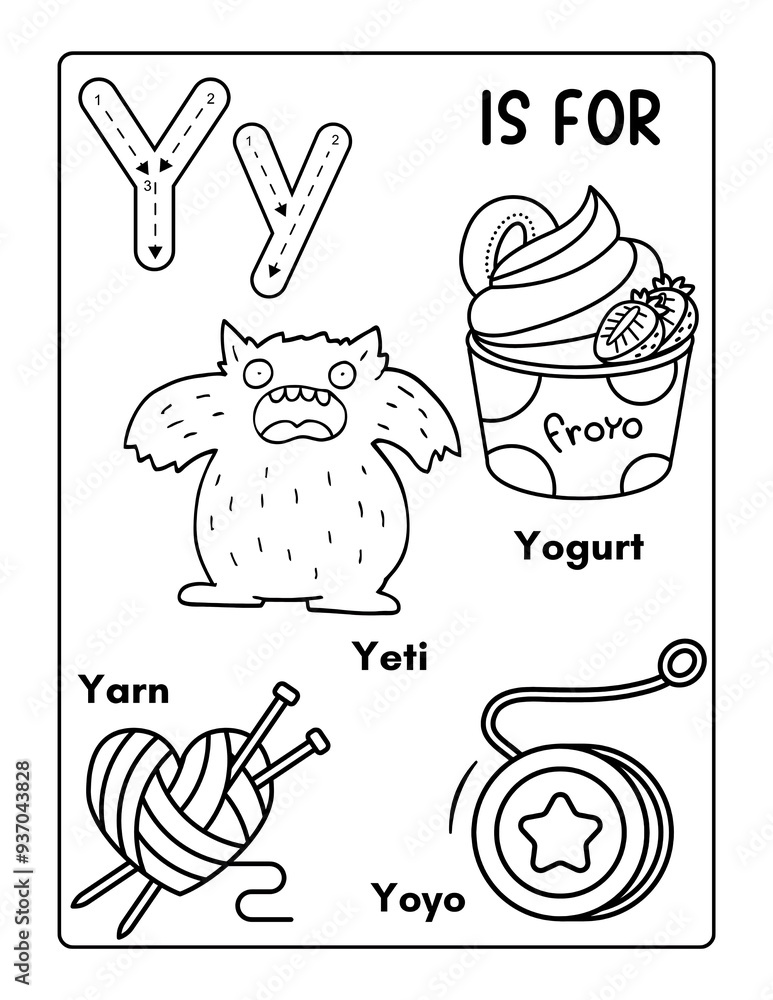 A simple coloring page with the text "Y " and illustrations of each ...