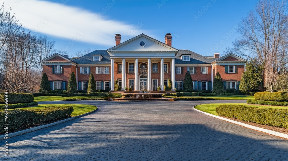 Expansive mansion with a grand entrance and circular driveway, perfect ...