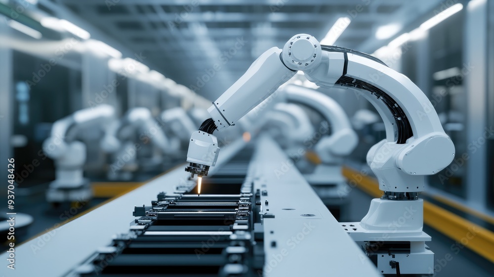 Robotic assembly line in a cleanroom environment, with a focus on high ...