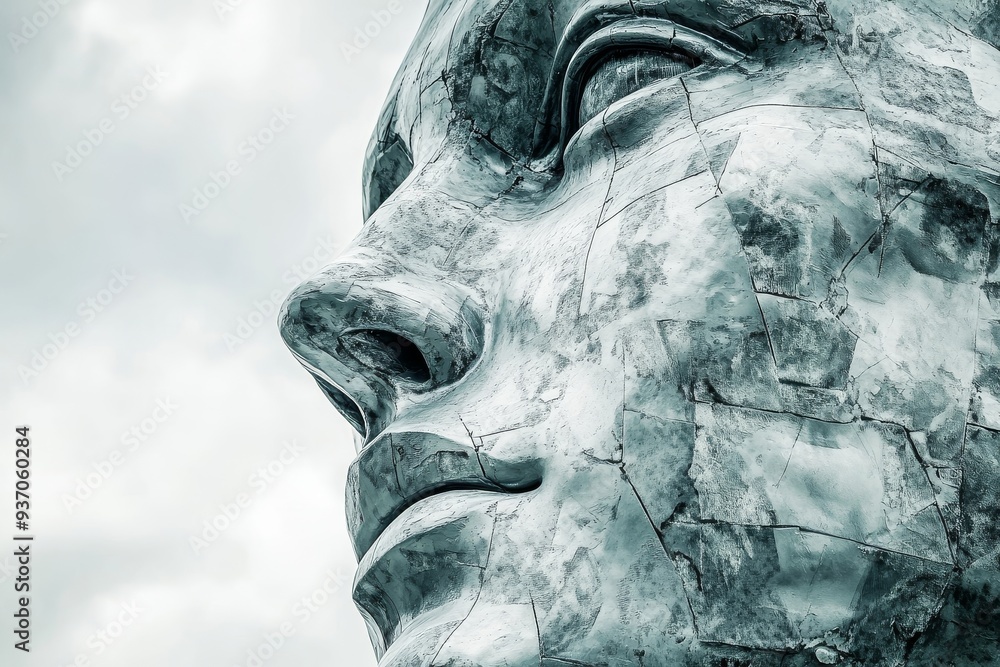 A close up of a large stone face with intricate carvings symbolizing ...