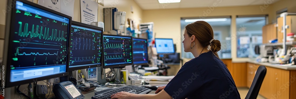 Monitors display vital signs in a bustling ER. this digital vigilance ...