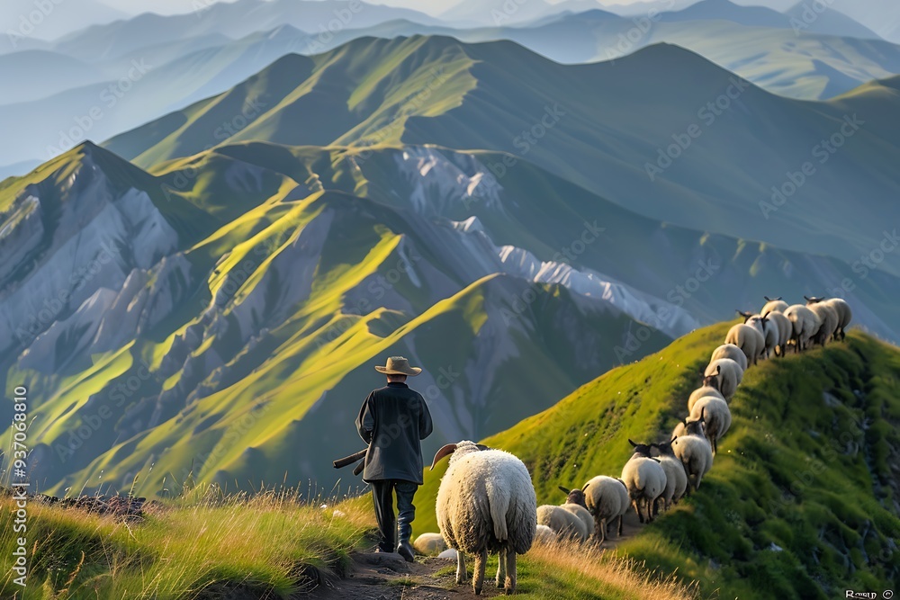 Sheep herders guide their cattle along a narrow path through lush green ...