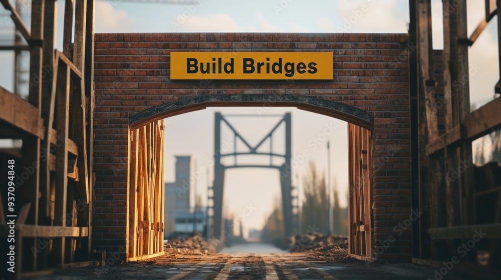 Photograph of a bridge being built between two opposing sides, with ...