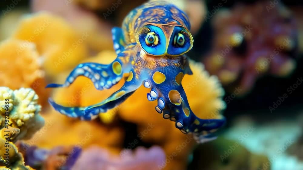 Vibrant blue-ringed octopus on a colorful coral reef, showcasing its ...