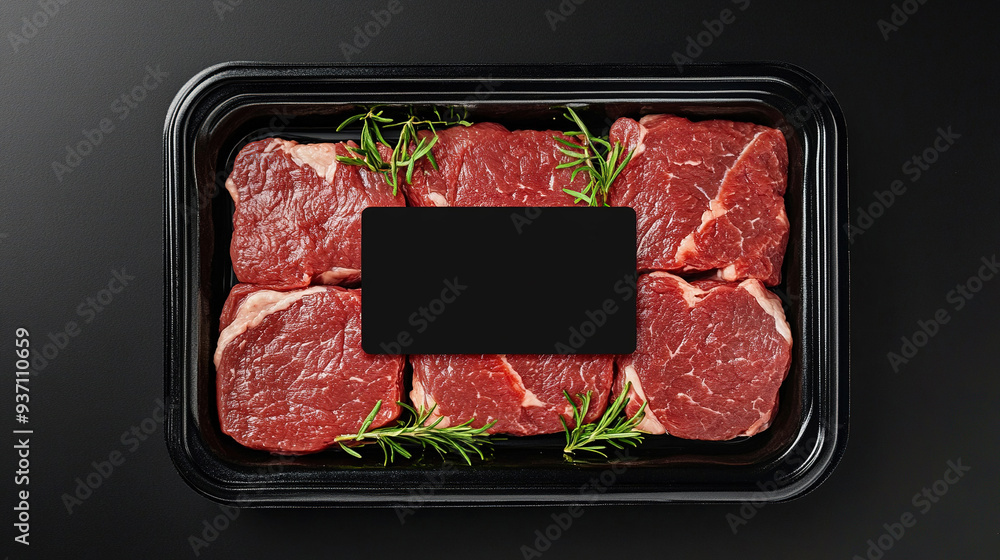 Plastic packaging of beef with a blank black space for product ...