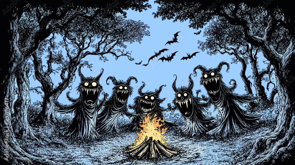 Creepy night campfire scene with ghostly figures dancing under a sky ...