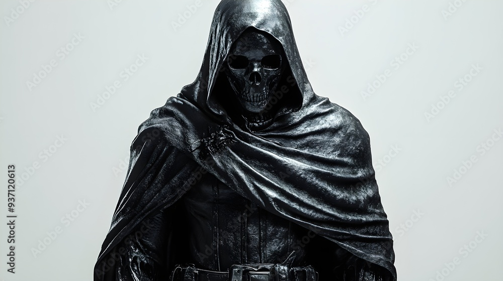 A skeletal executioner in a cloak with a spooky Halloween mask, eerie ...