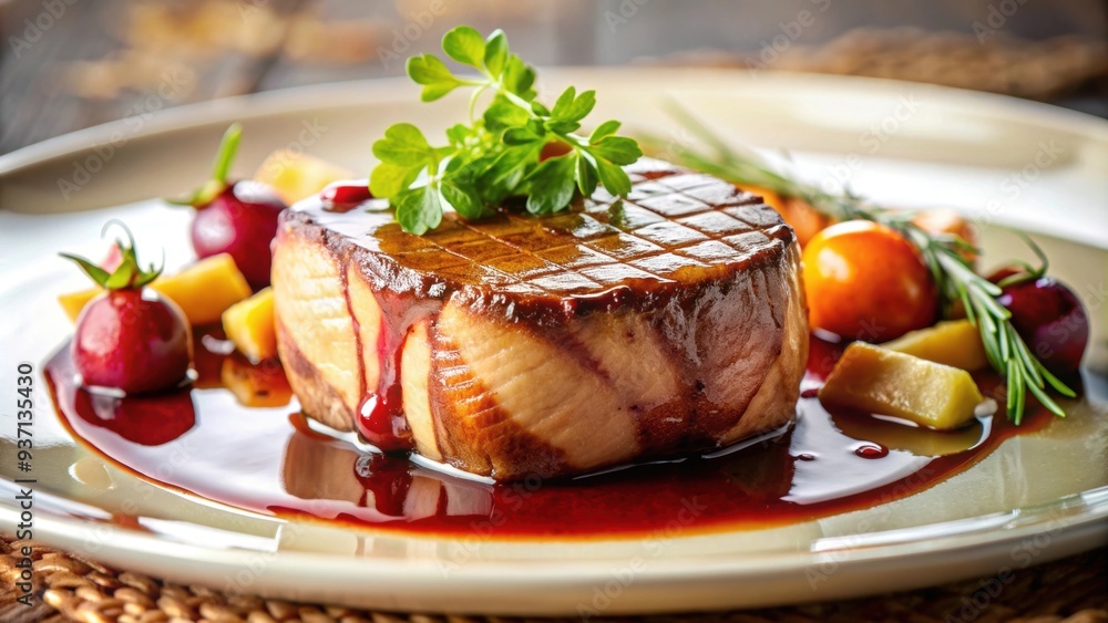 French cuisine full course meal featuring foie gras steak, French ...