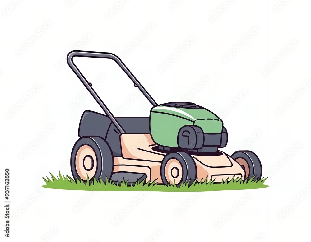 cartoon illustration of a lawn mower with a green lawn mower. Stock ...