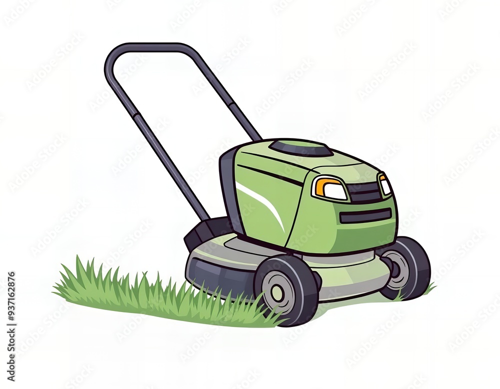 cartoon illustration of a lawn mower with grass on the ground. Stock ...