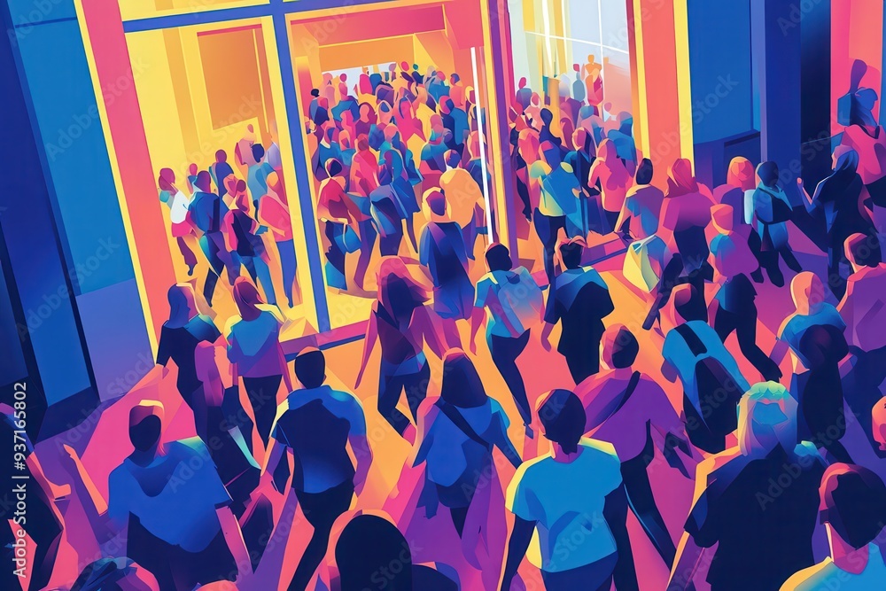 Vibrant digital artwork depicting a bustling crowd of people entering a ...