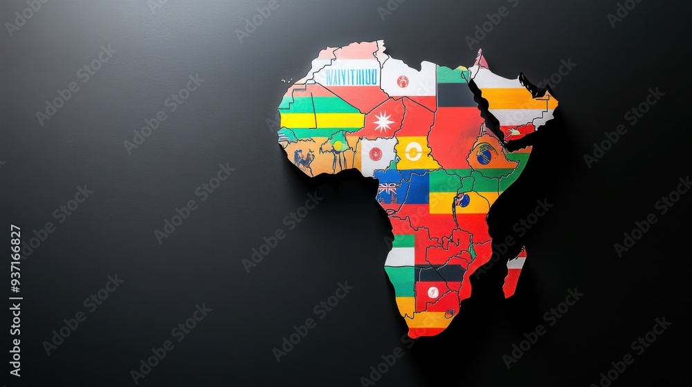 Colorful map of Africa adorned with flags representing various nations ...