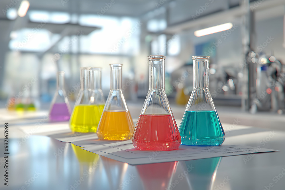 Colorful Erlenmeyer flasks filled with liquids in a laboratory setting ...