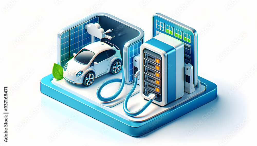 3D Icon as Electric car charging station and server concept as An ...