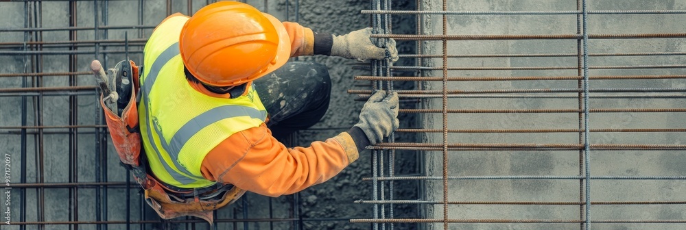 Construction Worker Installing Rebar Mesh for Concrete Foundation - A ...