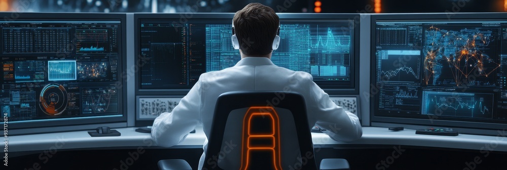 Cybersecurity Expert Monitoring Network Security on Multiple Screens - A cybersecurity expert ...