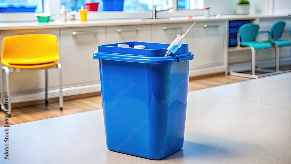A bright blue sharps container with a secure screw-top lid sits on a ...