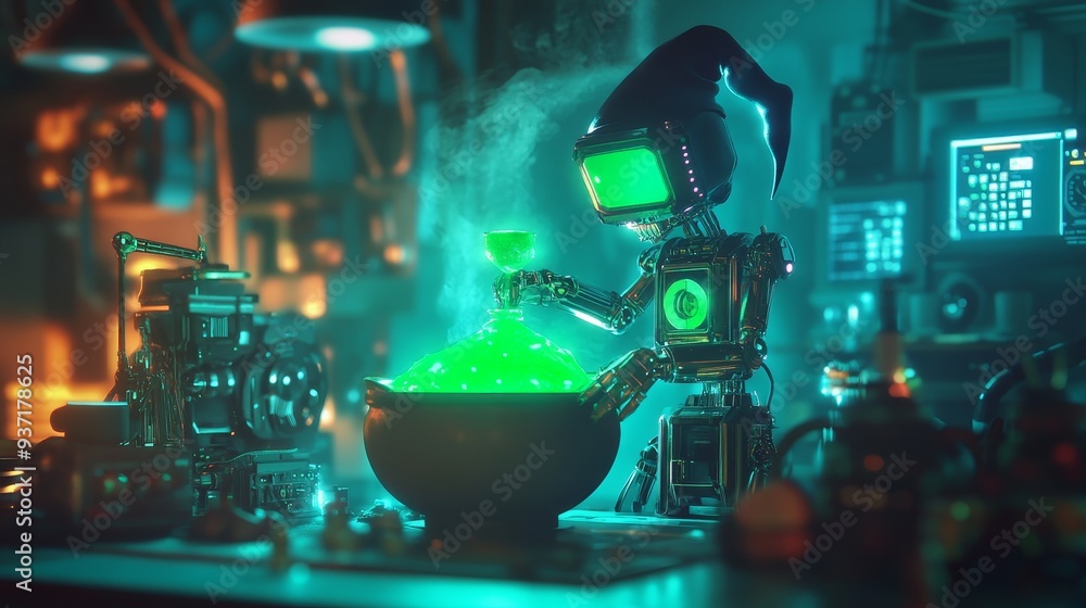 Futuristic Robot Alchemist Brewing a Green Potion in a Laboratory - A ...