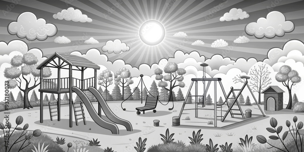 Black and White Playground Illustration with Sun and Clouds, cartoon ...