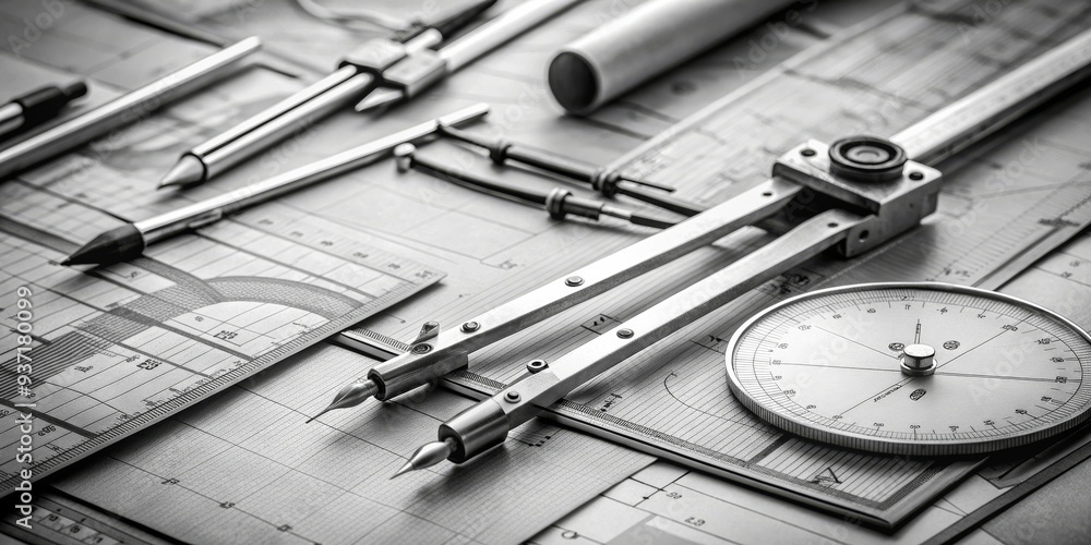 Black and White Still Life Composition of Drafting Tools on Graph Paper ...