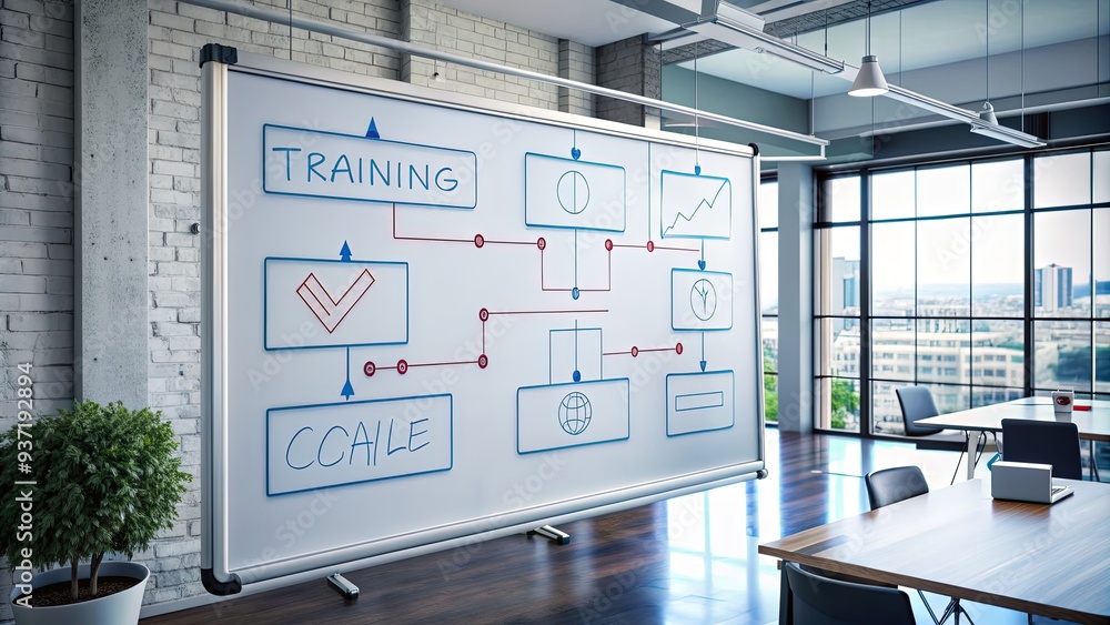 A futuristic whiteboard displays a flowchart connecting business goals ...