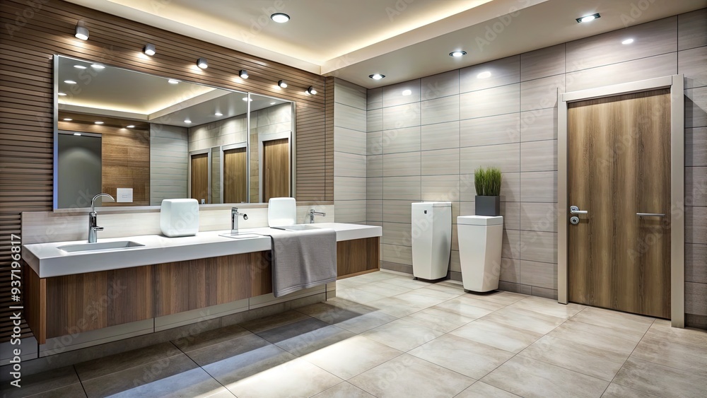 A modern, clean, and well-lit public restroom stall with feminine ...