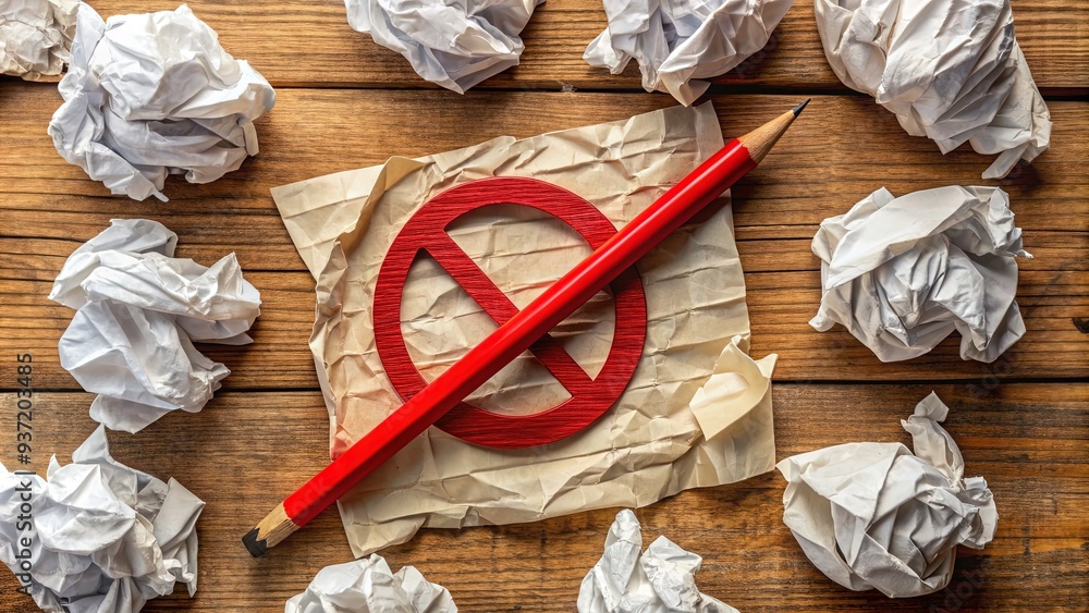 A red "NOT" symbol overlaid on a broken pencil, surrounded by crumpled ...