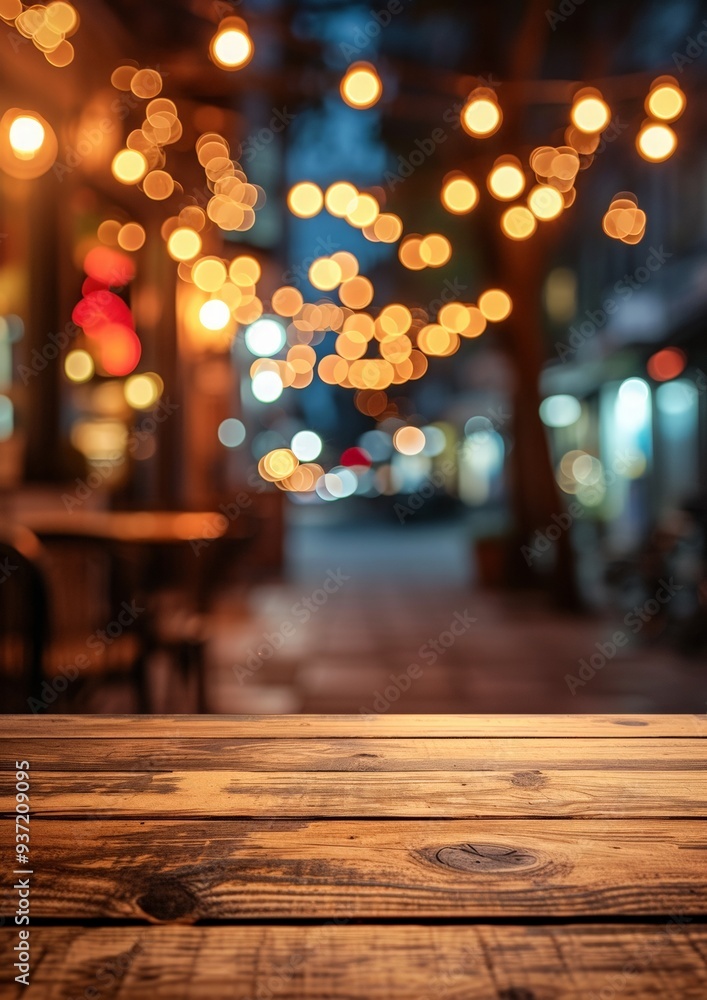 Blank wooden table top on blurred european city night cafe mockup ...